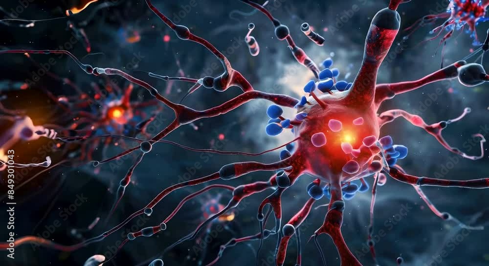 A illustration of neurons with red and blue glial cells on a dark ...