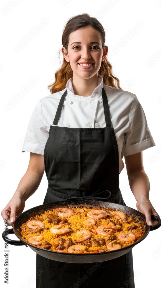 Full body photo of female restaurant employee serving paella Stock ...