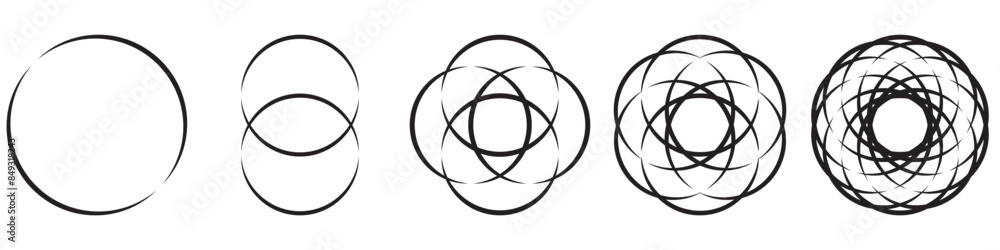 Simple overlapping circles vector drawing, version with three to seven objects, also interlocked ...
