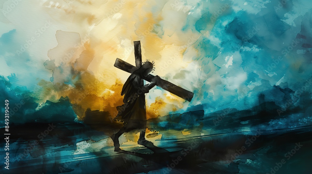 watercolor abstract illustration of Jesus Christ carrying the ...