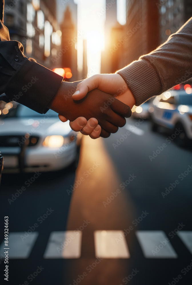 African American police officer shaking hands or reaching an agreement ...