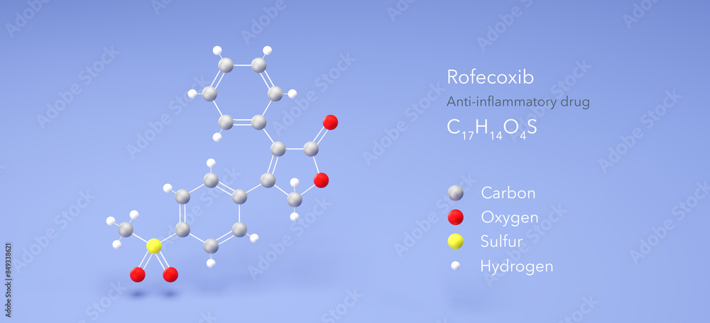 rofecoxib molecule, molecular structure, anti-inflammatory drug, 3d ...