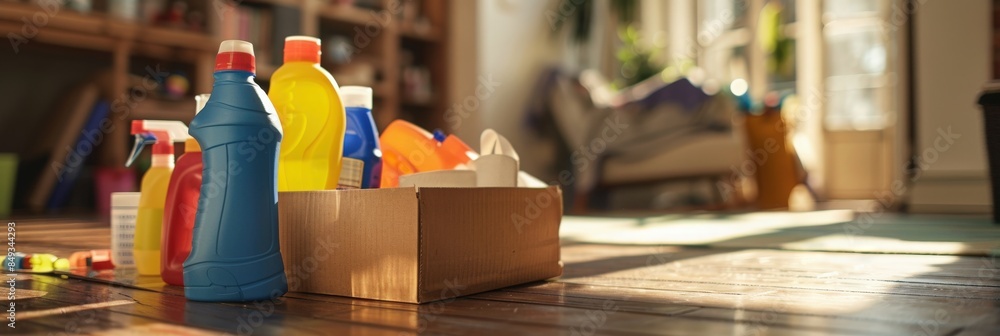 Cartons filled with cleaning products being relocated, with cleaning ...