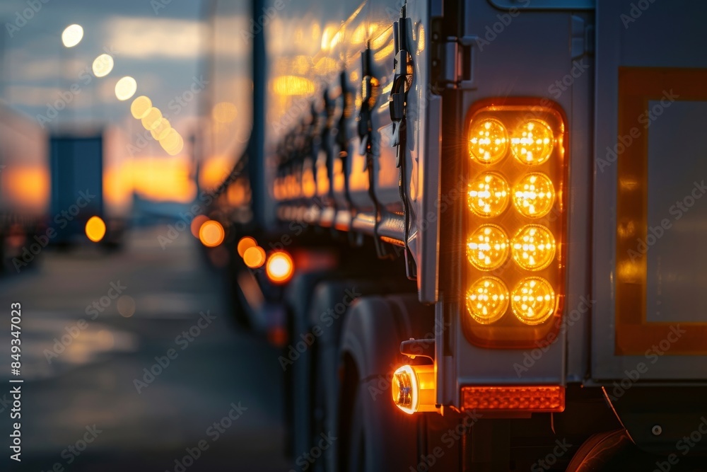 Illuminated truck tail lights on a semi-trailer at dusk with bokeh ...