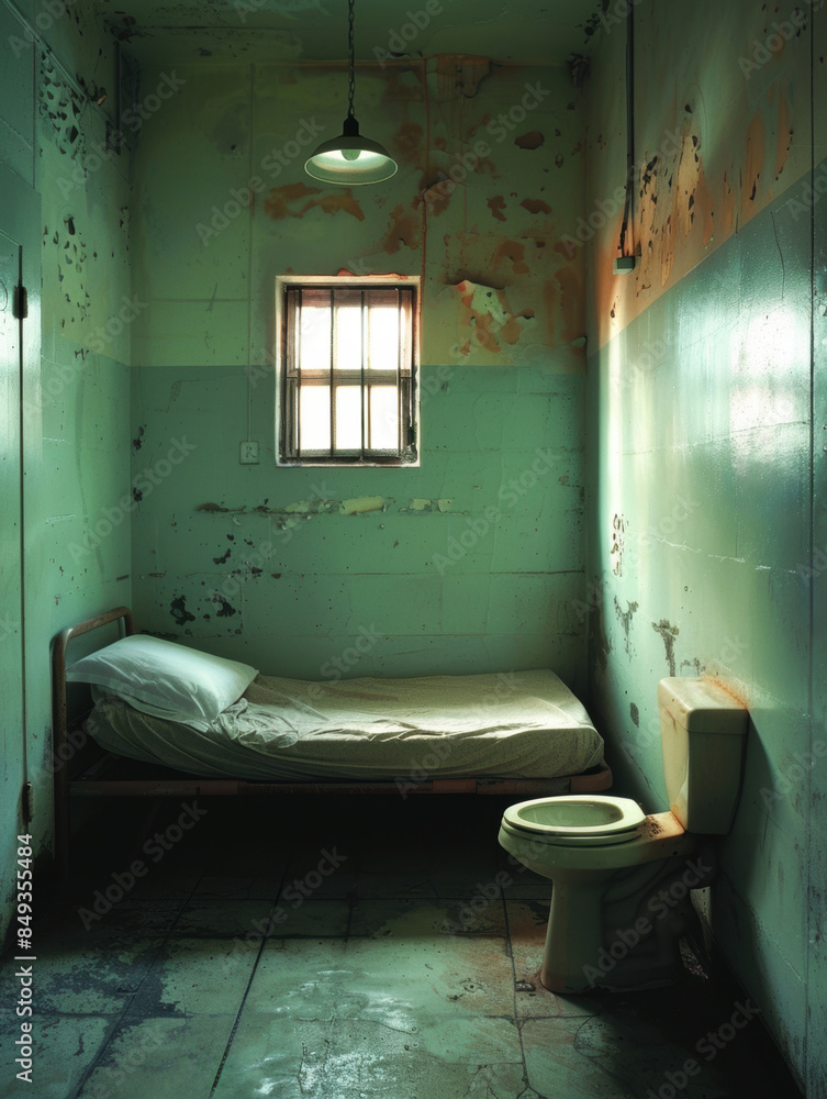 Old Prison Cell With Bed And Toilet showcasing a neglected, run-down ...