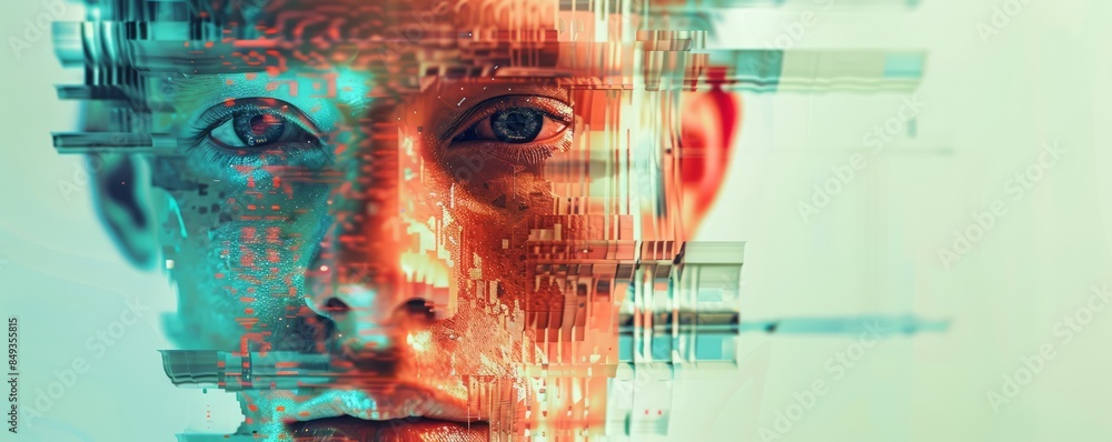 Glitch art portrait, incorporating digital distortions and pixelated ...