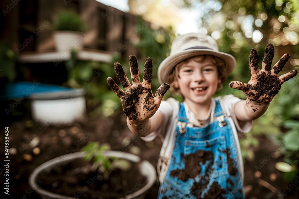 After gardening, a boy's hands are dirty as he nurtures small vegetable ...