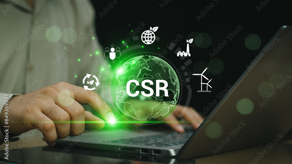 Corporate Social Responsibility (CSR), Businessman touching the CSR ...