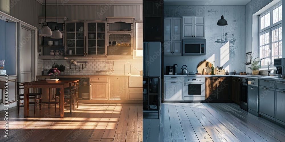 Explore the changing concept of kitchen spaces with a split comparison ...