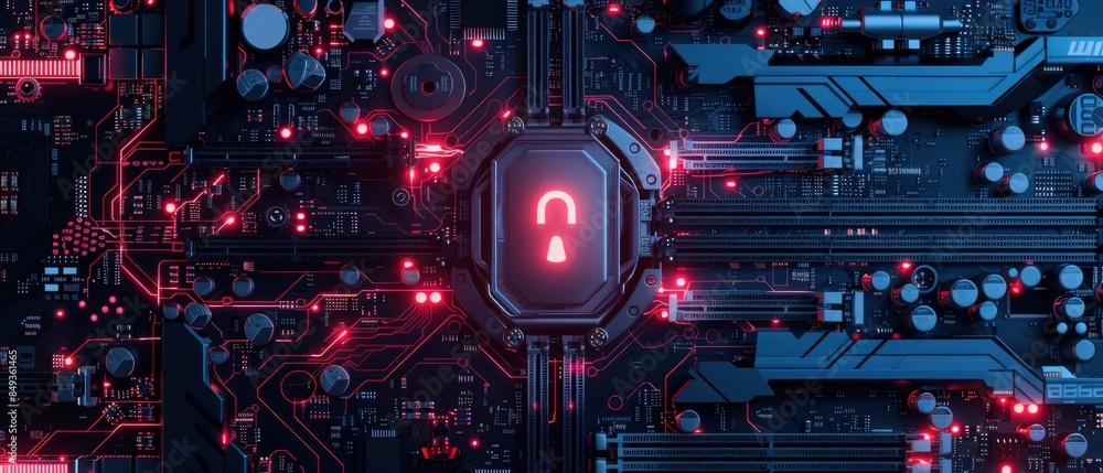 Design a wide banner showing a computer motherboard with a lock and ...