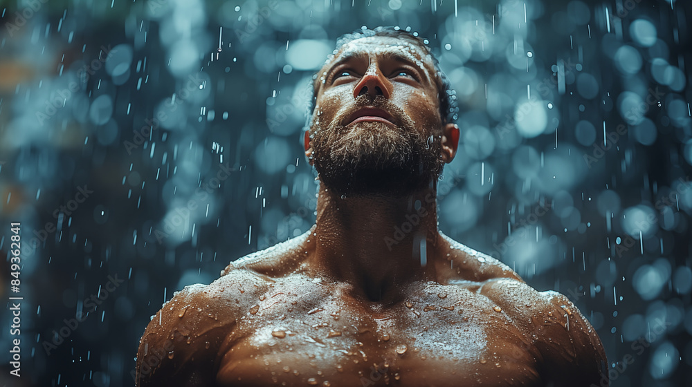 Muscular shirtless man looking up in pouring rain, displaying ...