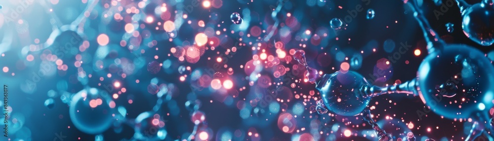 Abstract digital illustration of molecules and particles in a vibrant ...