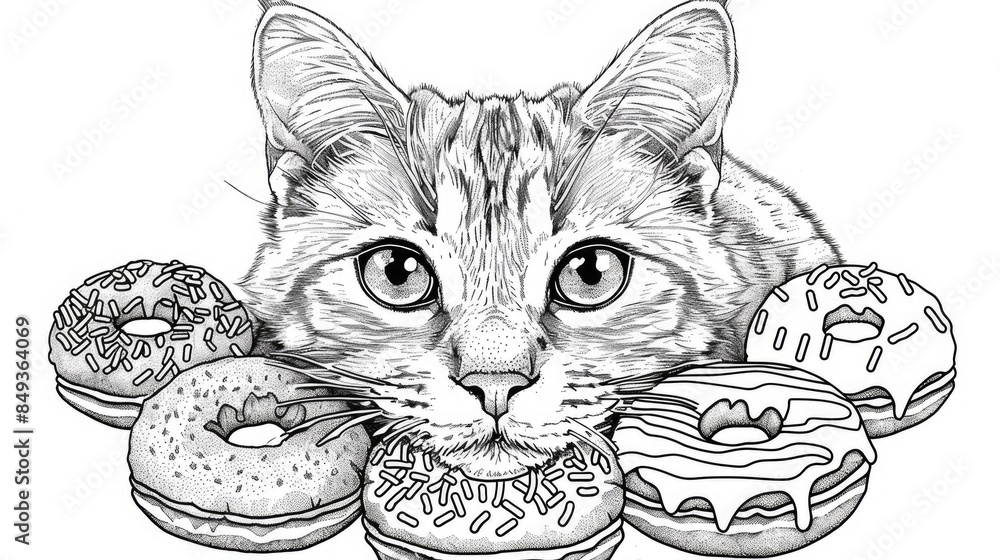 Adorable cat coloring page with donuts Stock Illustration | Adobe Stock