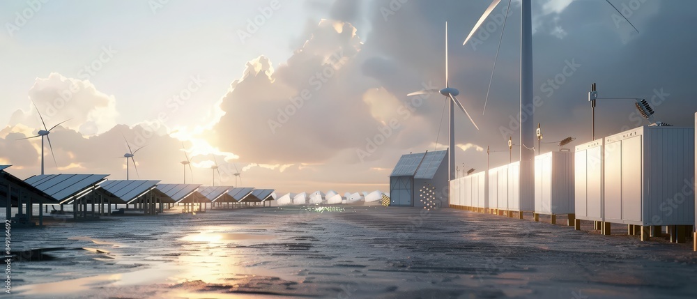 Battery storage power station accompanied by solar and wind turbine ...
