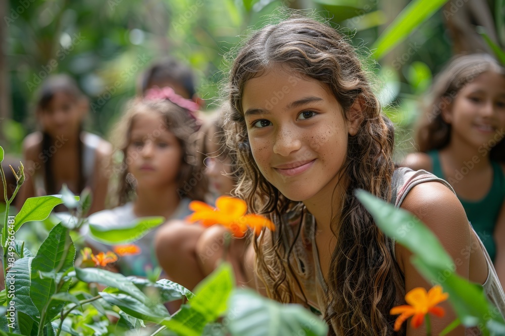 Girl with long hair, freckles participating in outdoor environmental ...