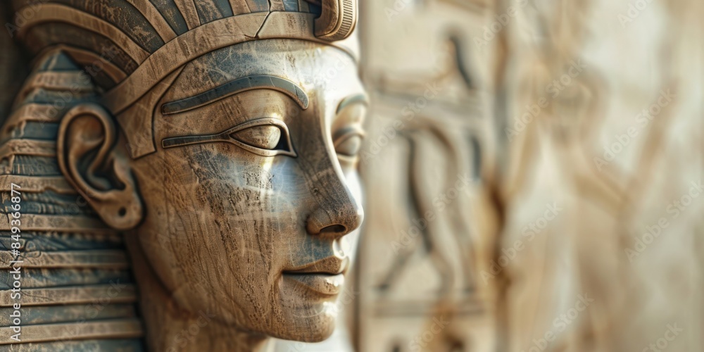 An ancient statue depicting a female Egyptian Pharaoh stands as a ...