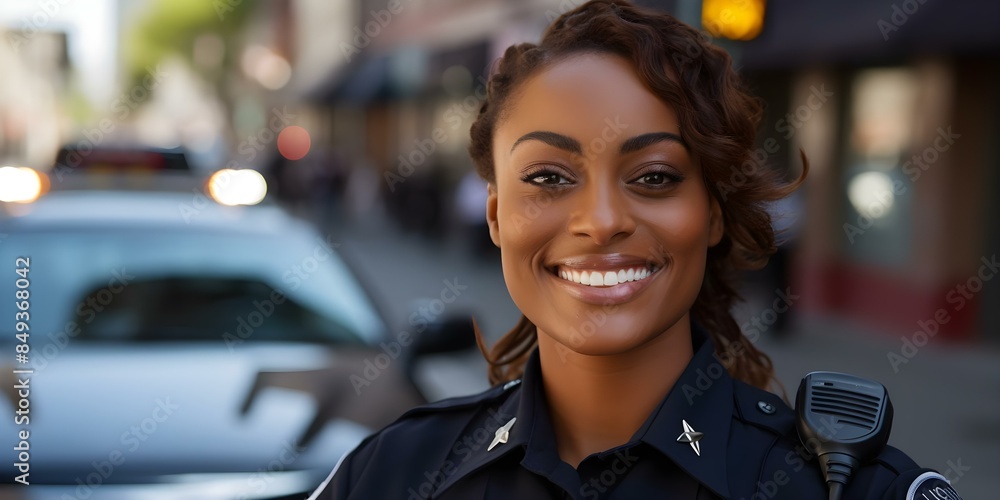 Portrait of smiling African American female police officer on city ...