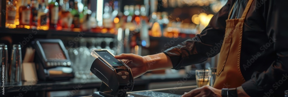 Customer stand near bar counter pay bill using cell application and pos ...