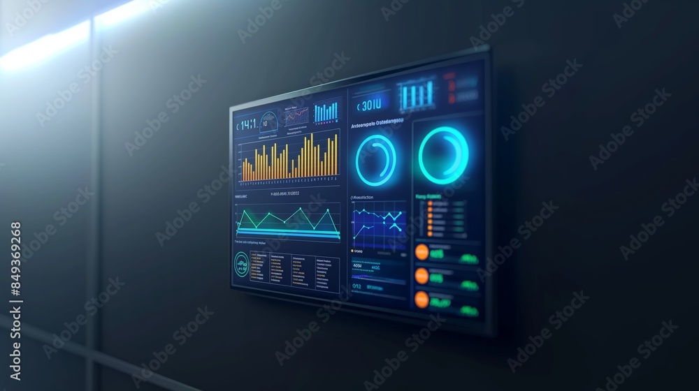 A sleek digital dashboard with various data visualizations, including bar charts, line graphs ...