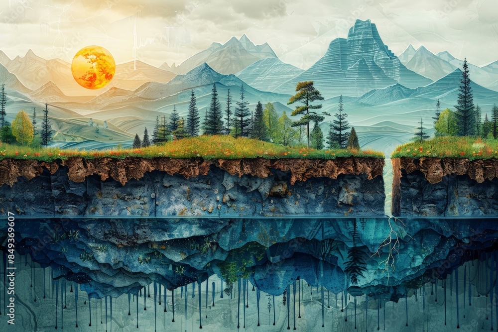 Artistic landscape with sun, mountains, trees, underground layers ...