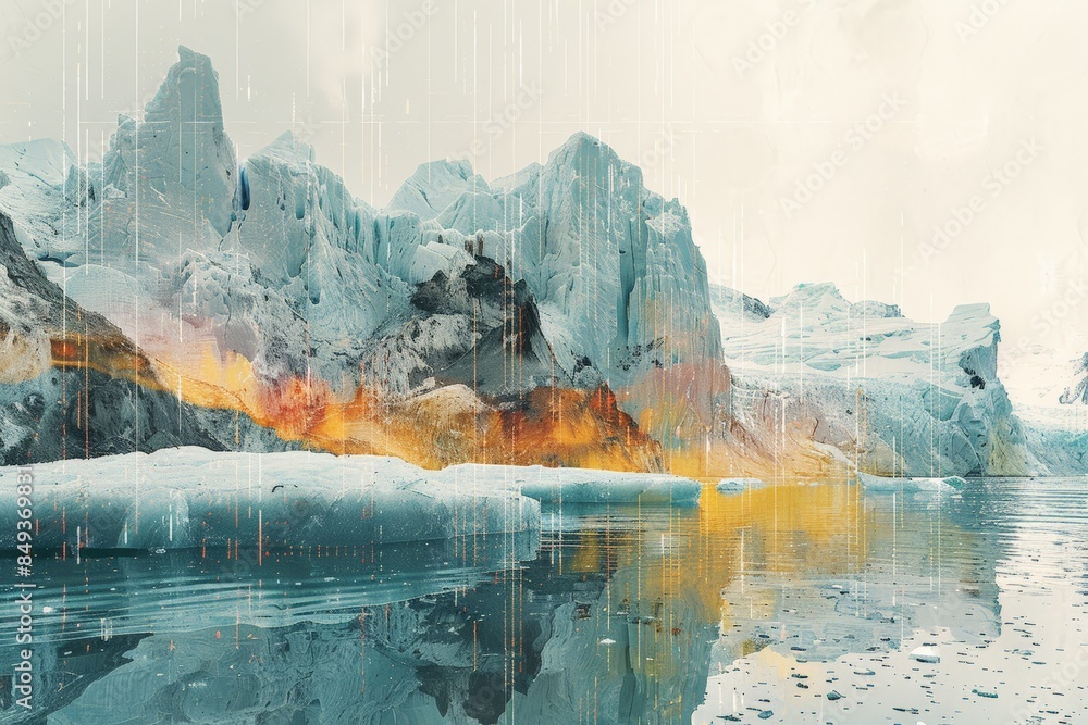 Colorful ice formations with digital data overlays in Arctic waters ...