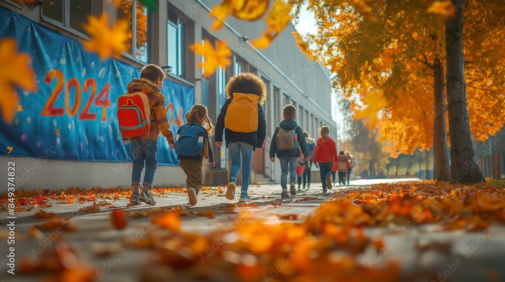 Back to School : Excited diverse children with colorful backpacks ...