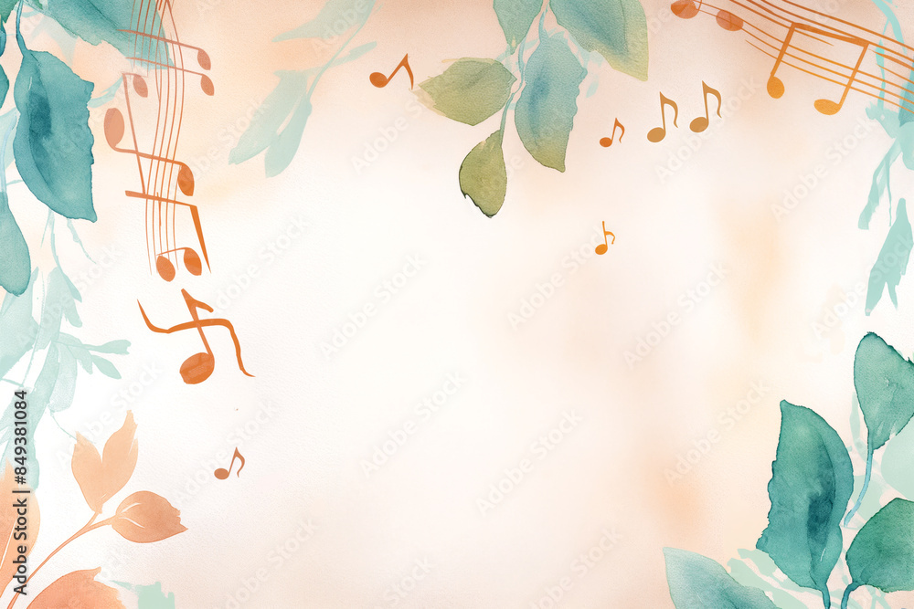 White paper with illustrations of music notes in a border frame design ...