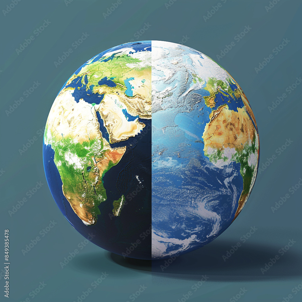 Half realistic, half illustrated globe showcasing a blend of natural ...