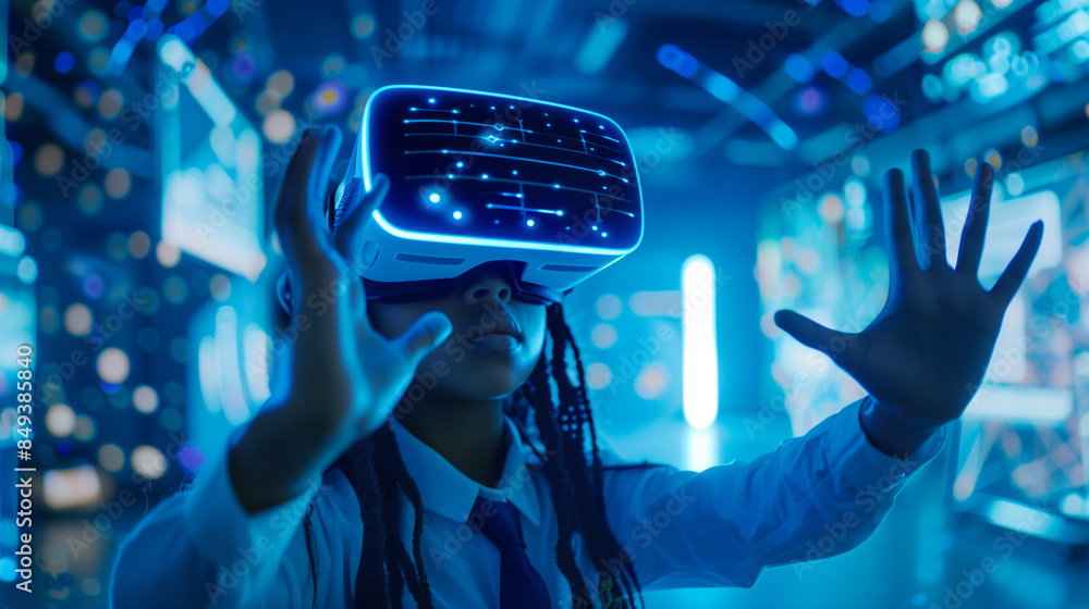 African school student with VR headset using AI artificial intelligence ...