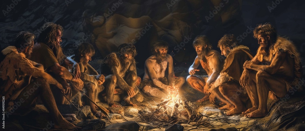 A group of Neanderthals sit around a fire. Evolutionary study of ancient humans Studying the ...
