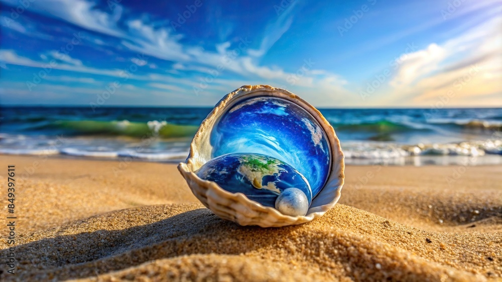 Blue Earth planet inside an oyster shell washed ashore on a beach ...