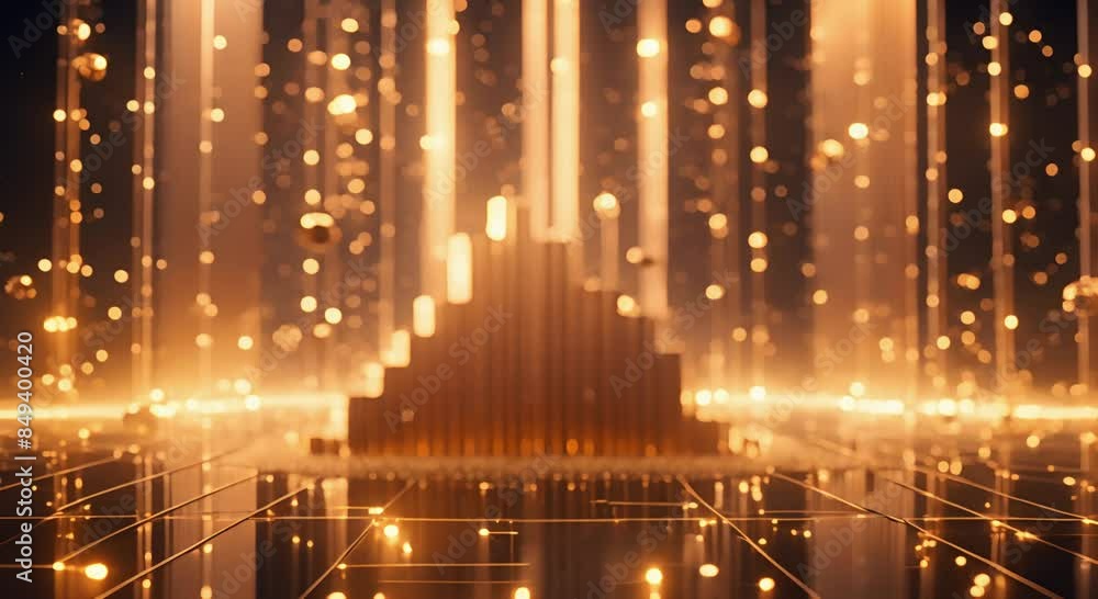 Luxurious golden stage with vertical lights and sparkling orbs. Golden ...