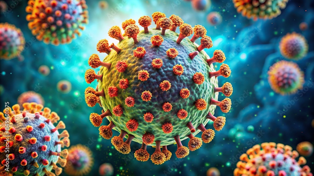 Detailed of a monkeypox virus, few cells under a microscope, render ...