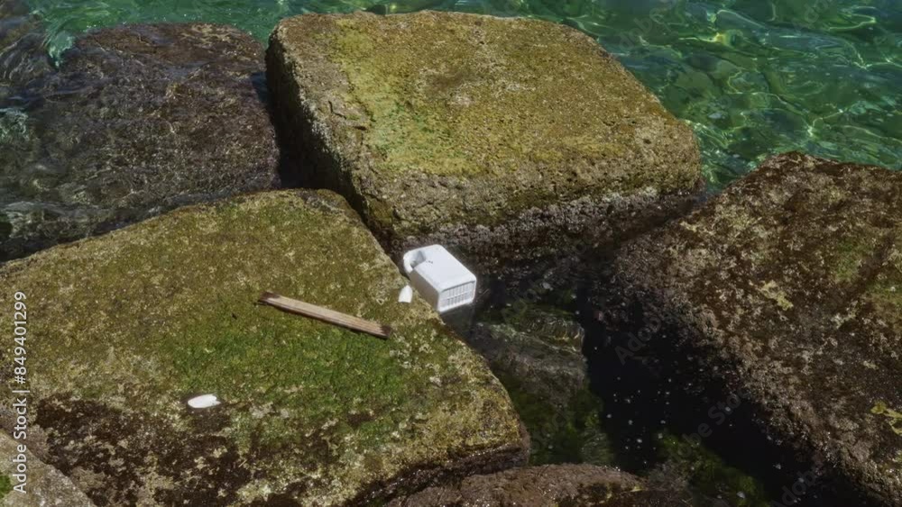 Plastic litter and wooden sticks on seaweed-covered rocks by the clear ...