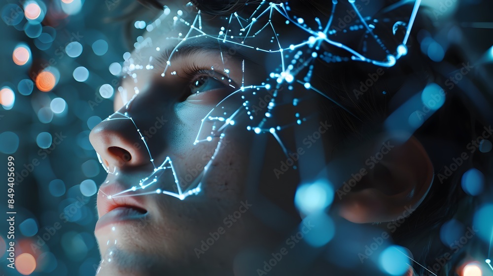Futuristic image depicting a person using advanced neural interface ...