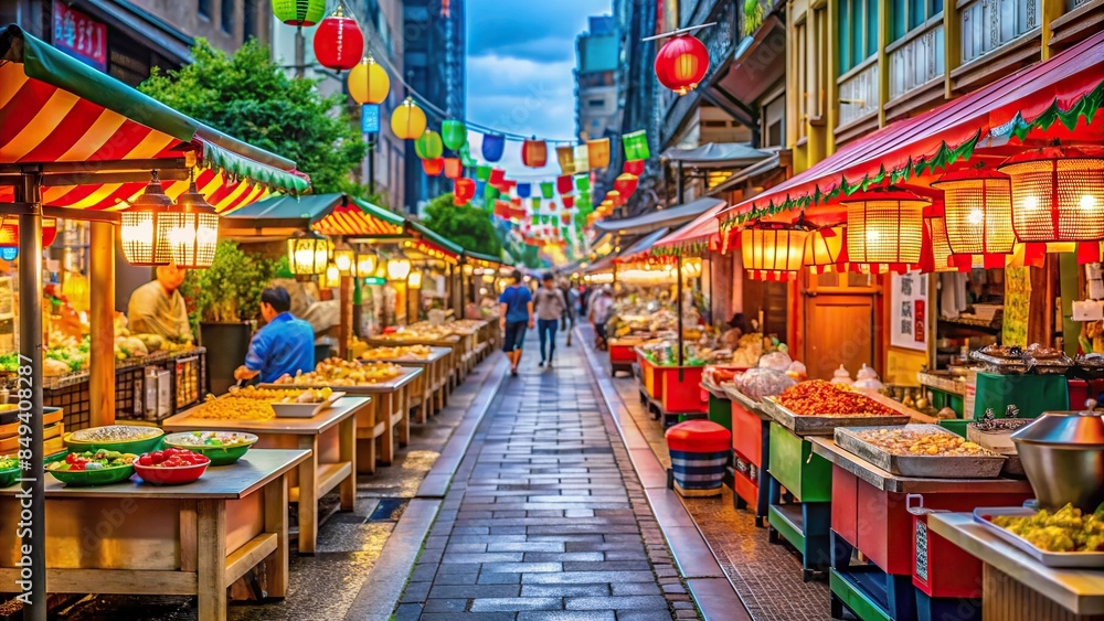 Vibrant Japanese street food market with stalls showcasing colorful ...