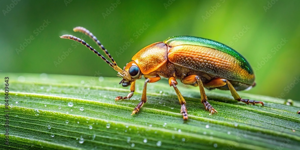 Cereal leaf beetle feeding on a green leaf, cereal leaf beetle, green ...