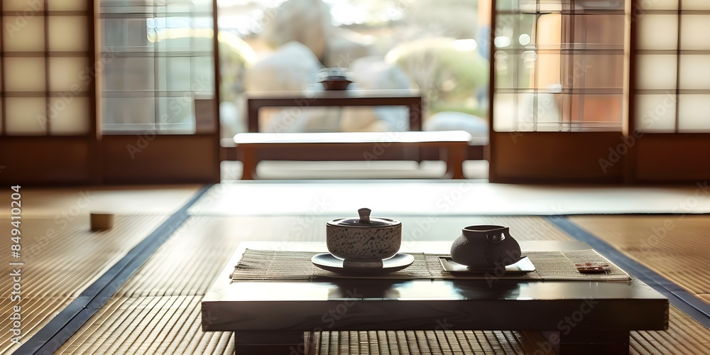 Japanese tea room with tatami mats low table and tea ceremony utensils ...