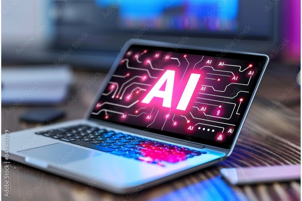 Modern laptop displaying vibrant AI logo, encapsulating the user ...
