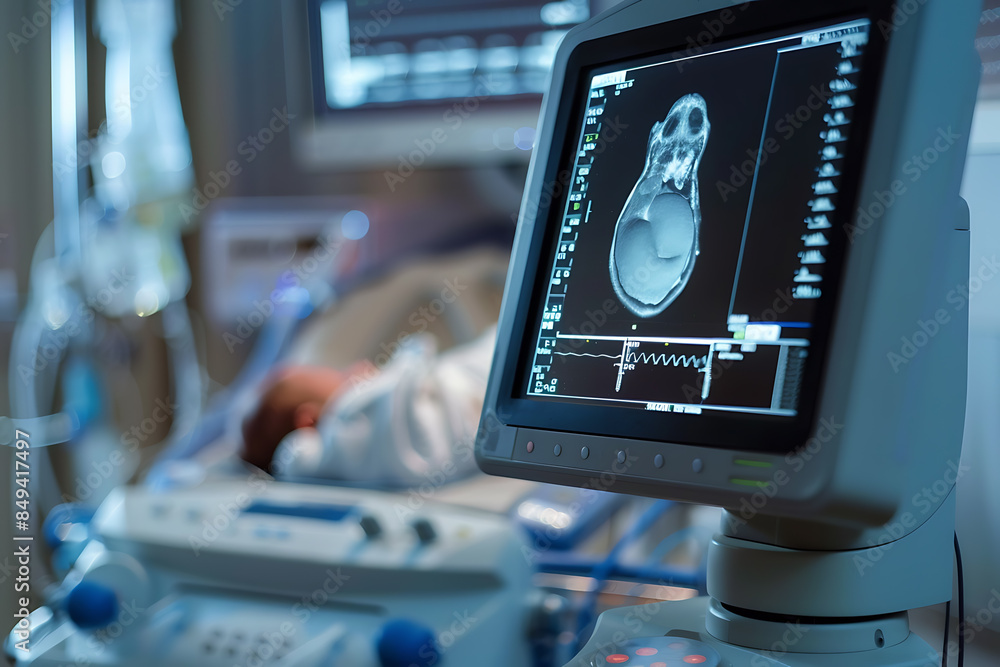 A detailed echograph of a fetus on an advanced ultrasound monitor in a ...