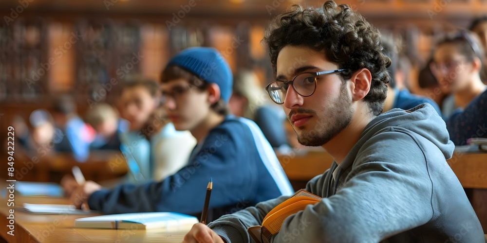Attentive student diligently takes notes in crowded university lecture ...