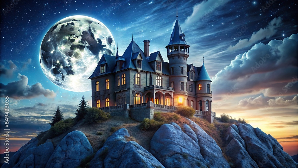 Majestic castle mansion on rocky hill under full moon light , castle ...