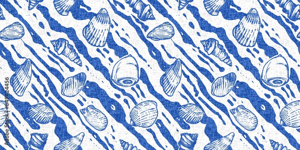 Azure blue white shell motif with linen seamless batik border ...