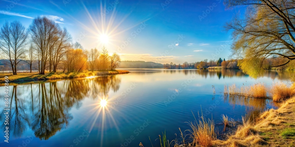 Natural background with sunshine and a view of a lake during the ...