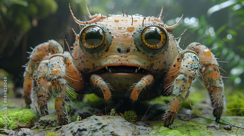 A close-up of a unique, fantasy creature resembling a frog with spider ...
