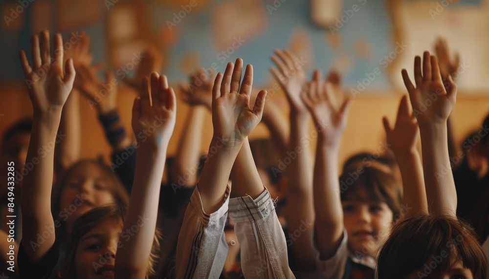 Eager children excitedly raise their hands to answer questions in a ...