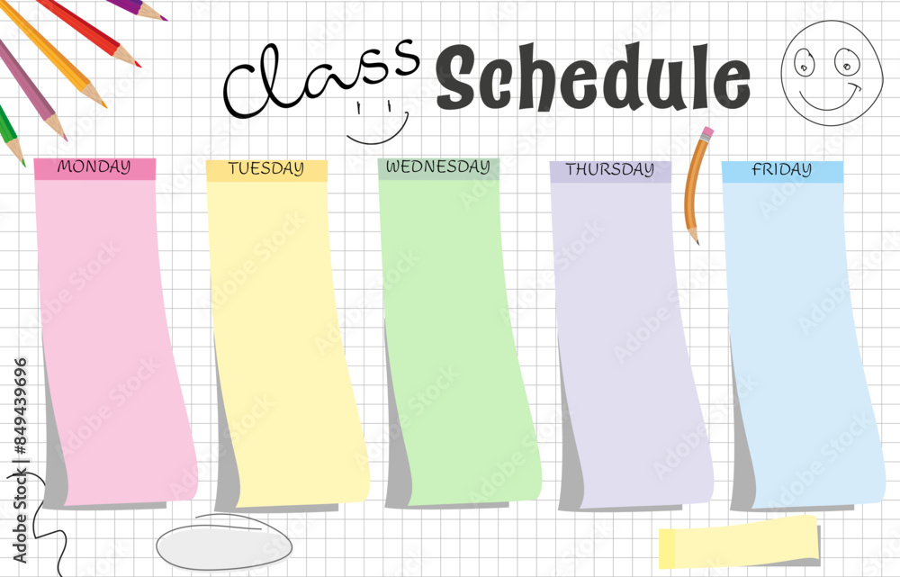 Class schedule template with name of days and color crayon smile and ...
