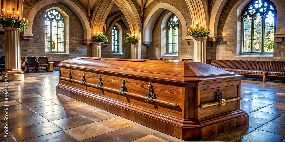 ภาพประกอบสต็อก Polished wooden coffin inside a church , funeral, death ...