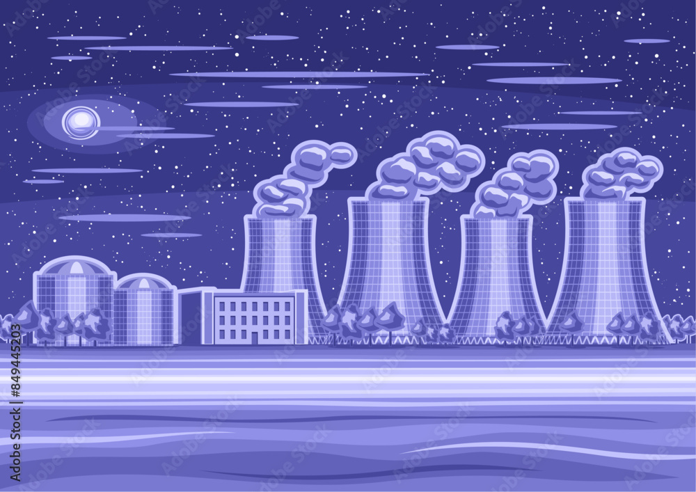 Vector illustration of Night Nuclear Plant, horizontal poster with ...
