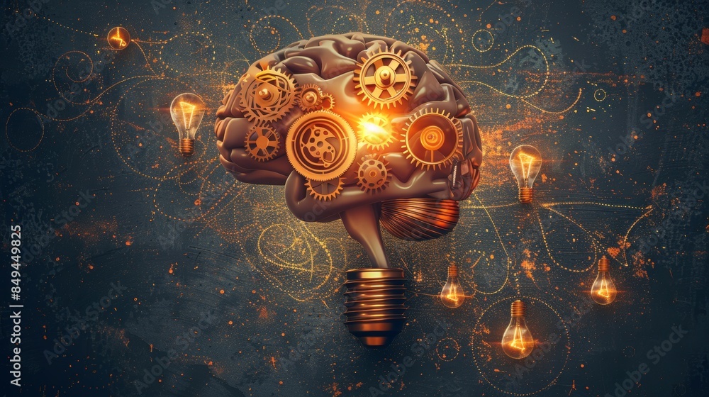 An illustration of a brain with gears and lightbulbs inside, representing the idea of logical ...